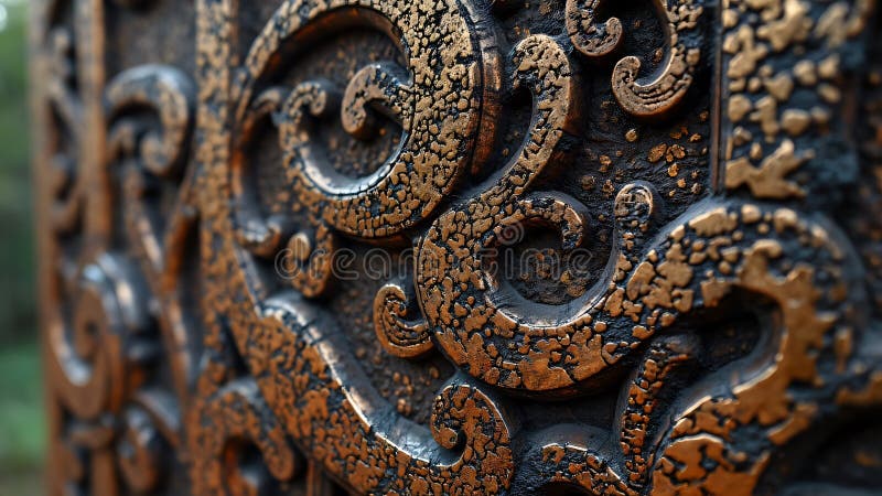 Hyperrealistic Close-up, Ancient Bronze and Dark Brown Wood Carving ...