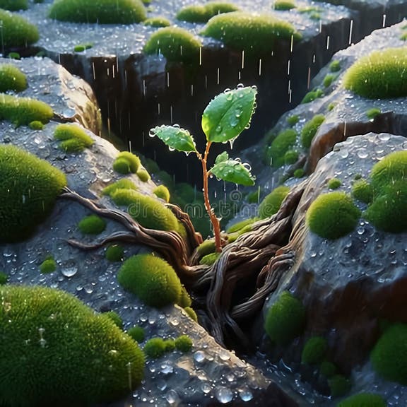 Tiny Sapling Sprouting from Weathered Stone, Surrounded by Dew-covered ...