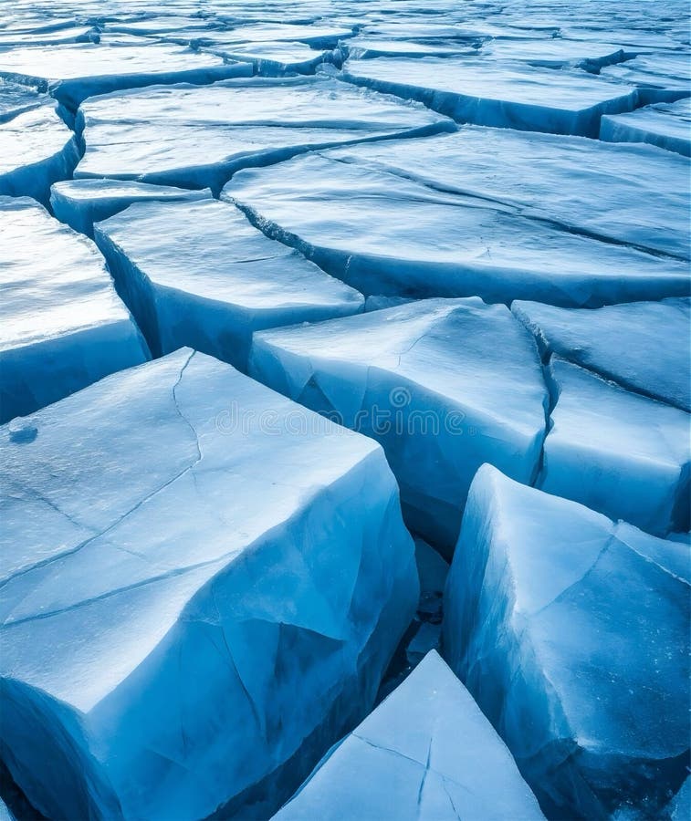 Hyperrealistic Cracked Ice Surface Showing Deep Blue and White Colors ...