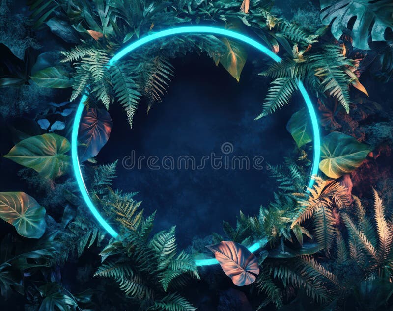 Hyperrealistic 3D Render of Leaf and Fern Wreath with Neon Blue ...