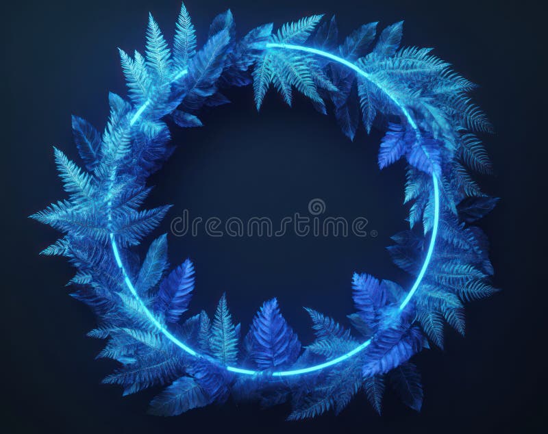 Hyperrealistic 3D Render of Leaf and Fern Wreath with Neon Blue ...