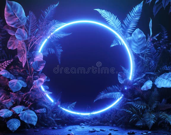 Hyperrealistic 3D Render of Leaf and Fern Wreath with Neon Blue ...