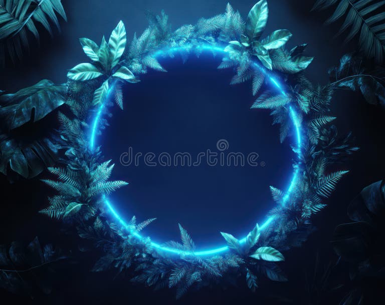 Hyperrealistic 3D Render of Neon Blue Circular Frame Wreath with Leaves ...