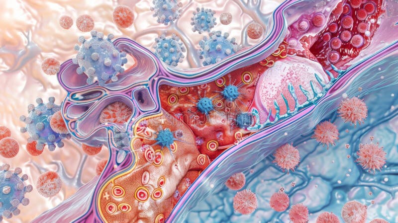 A Hyperrealistic Depiction of a Viral Infection within a Cross-section ...