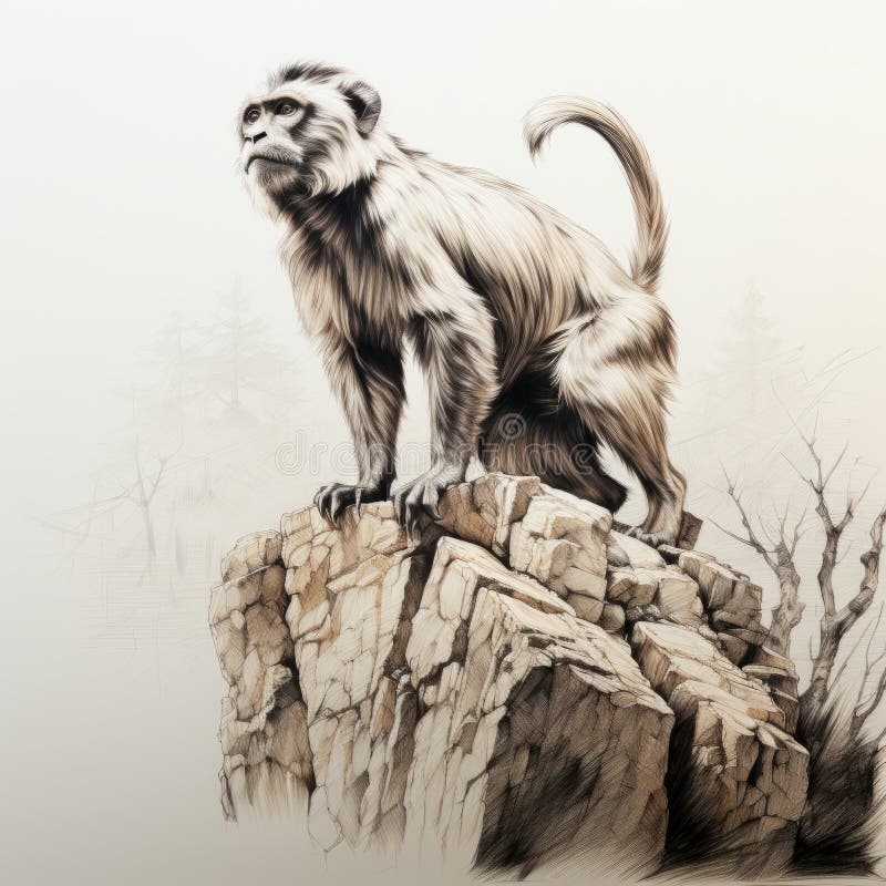 Hyperrealistic Drawing of Wild Monkey on Rock with Mountain Silhouette ...