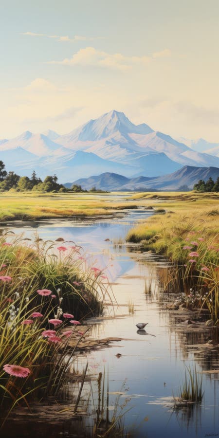 Hyperrealistic Fauna Serene Mountain Scene with Marsh Stock ...