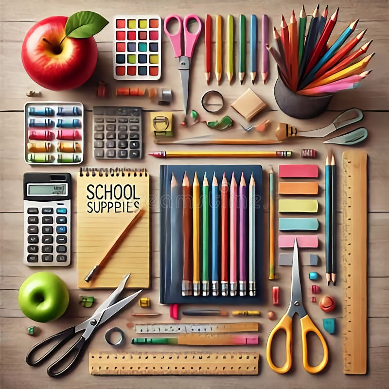 Hyperrealistic Flat-Lay Vector of School Supplies on Wooden Desk Stock ...