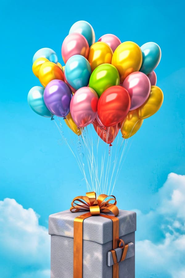 Hyperrealistic Flying Balloons Bunch and Gift Box, Generative AI Stock ...