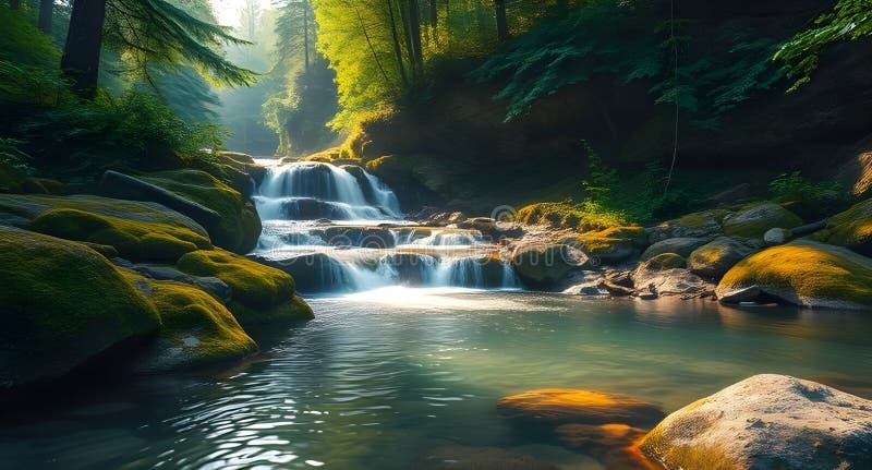 Hyperrealistic Forest River with Waterfall Cascading into Pool AI ...