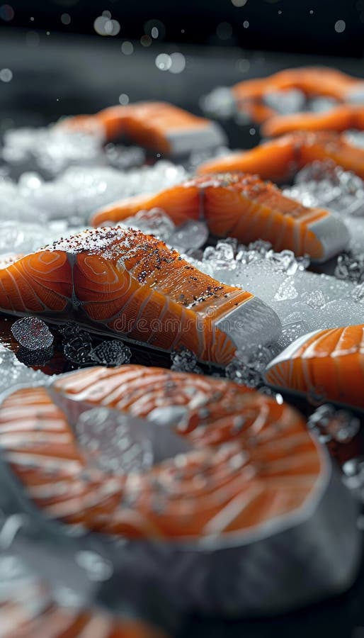 Hyperrealistic Fresh Salmon Fillets on Ice in Grocery Store, Perfect ...