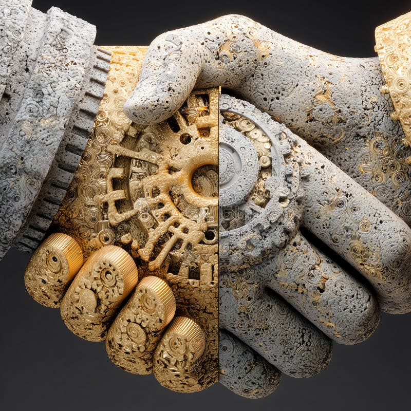 Hyperrealistic Gear-Textured Coin Surfaces Forming Mechanical Handshake ...