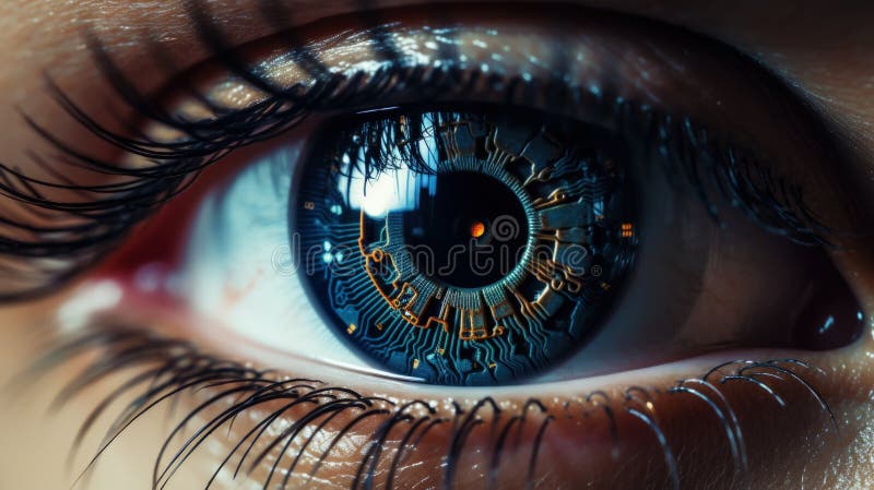 Hyperrealistic Human Eye Close-up with Microchip in the Center of the ...