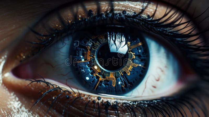 Hyperrealistic Human Eye Close-up with Microchip in the Center of the ...