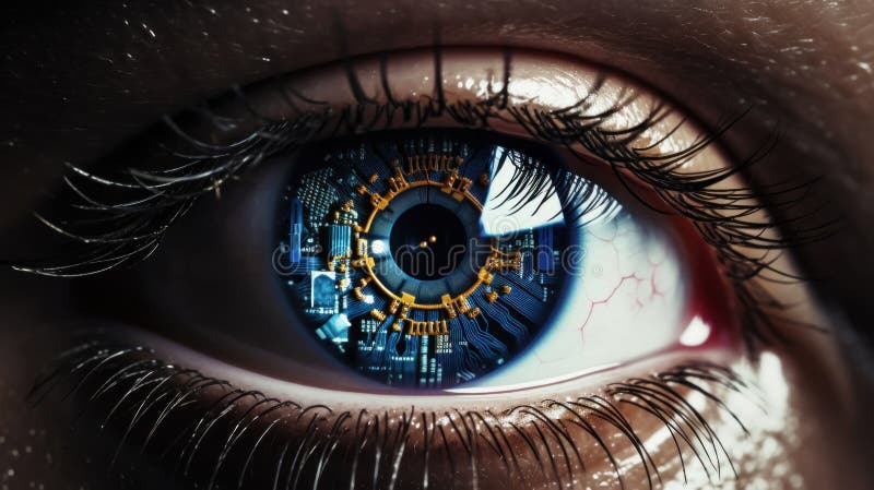 Hyperrealistic Human Eye Close-up with Microchip in the Center of the ...