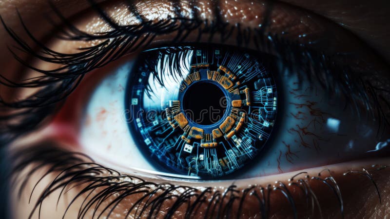 Hyperrealistic Human Eye Close-up with Microchip in the Center of the ...