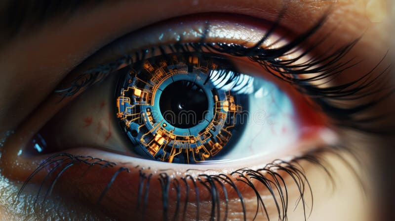 Hyperrealistic Human Eye Close-up with Microchip in the Center of the ...