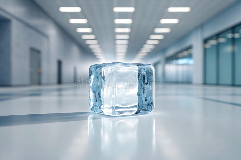 Hyperrealistic Ice Cube on Reflective Surface in Modern Hallway Stock ...