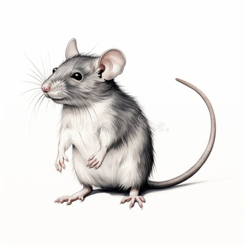 Hyperrealistic Illustration of Grey and White Rat on White Background ...