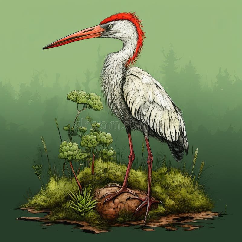 Hyperrealistic Illustration of a Red and White Stork Standing on Moss ...