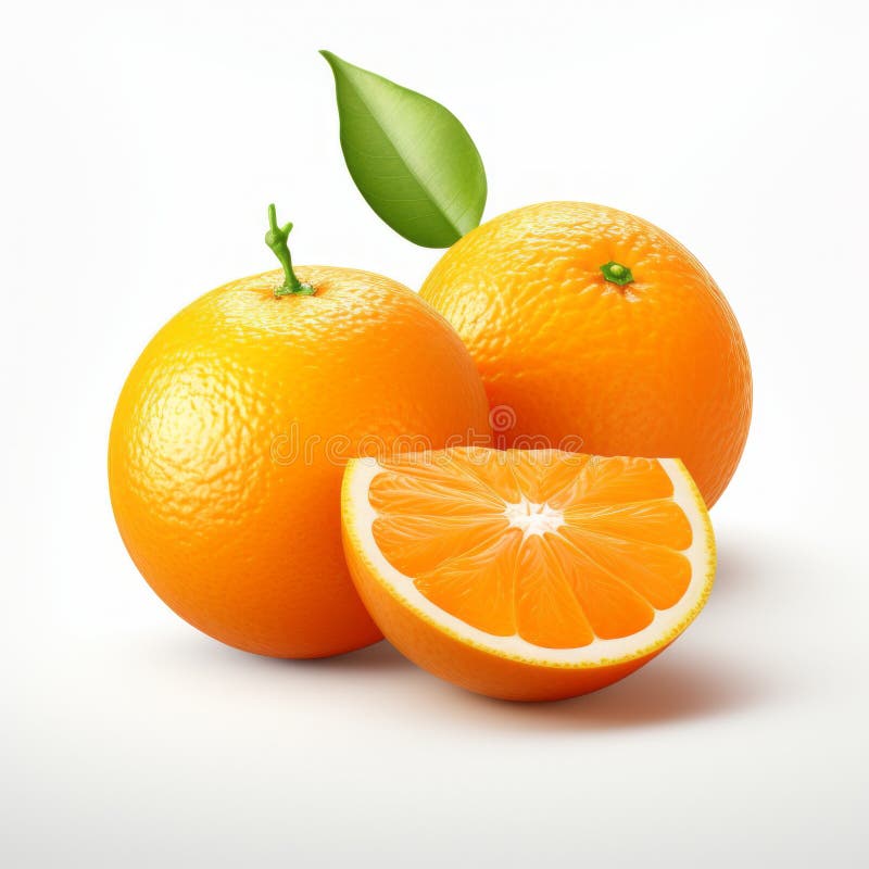 Hyperrealistic Illustrations of Sliced Oranges with Green Leaves Stock ...