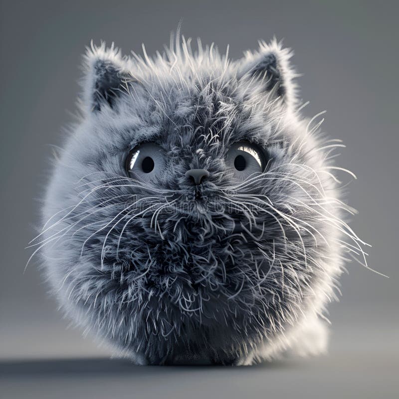 Hyperrealistic Image of a Gray Fluffy Cat with Wide Expressive Eyes and ...