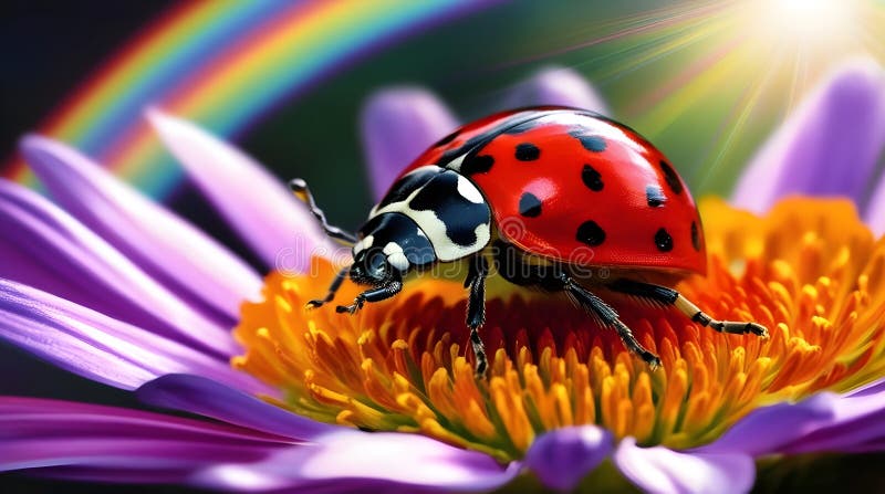 Hyperrealistic Ladybug on a Flower with Shimmering Rainbow Background ...