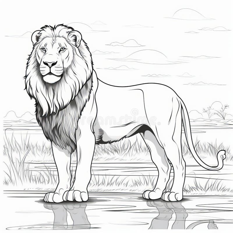 Hyperrealistic Lion Standing in Water Coloring Page Stock Illustration ...