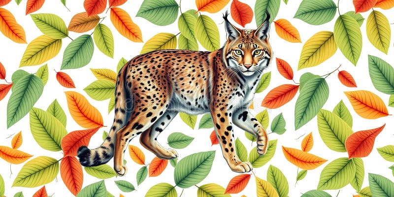Hyperrealistic Lynx in a Repeating Leaf Pattern a Stunning Wildlife ...