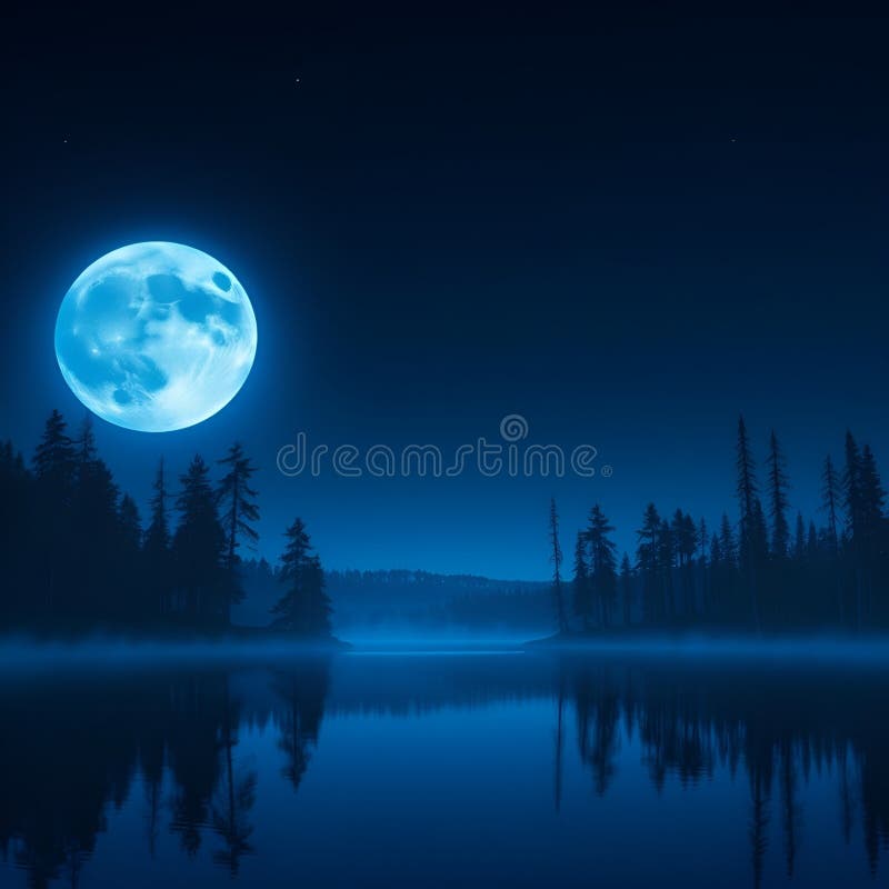 Hyperrealistic Night Landscape with Vibrant Blue Full Moon and Pine ...