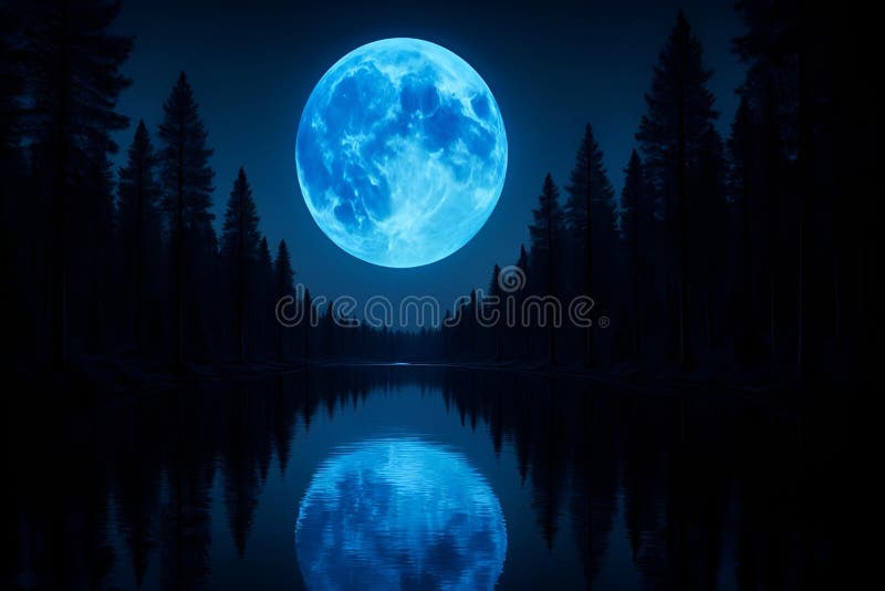 Hyperrealistic Night Landscape with Vibrant Blue Full Moon and Pine ...