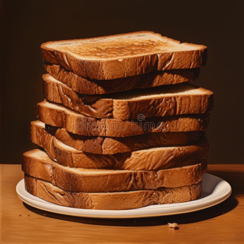 Hyperrealistic Painting of Giant Stack of Toast on Brown Plate Stock ...