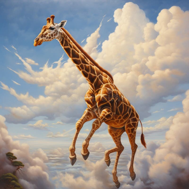 Hyperrealistic Painting: Giraffe Flying Over Cloudy Sky Stock ...