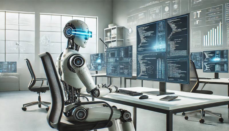 Robot with it Visor Working in Modern it Office Stock Illustration ...