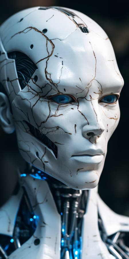 Incomplete Humanoid Android in White Porcelain Skin - Close Up Portrait ...