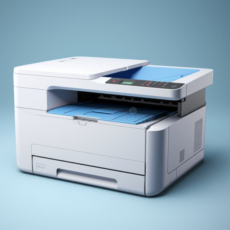 Hyperrealistic Precision: White Printer on Blue Background Stock ...