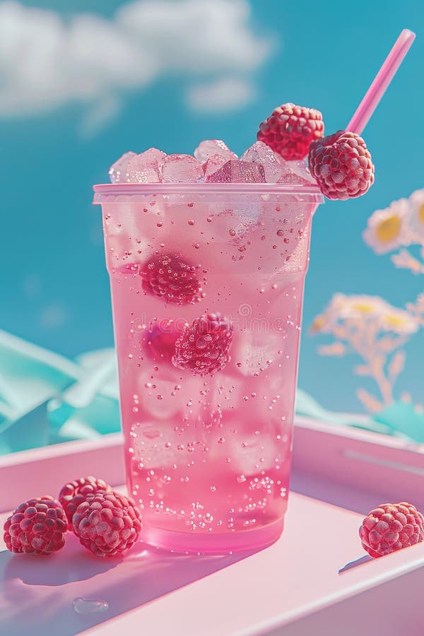 Hyperrealistic Raspberry Mojito Poster on Blue Sky Background, High ...