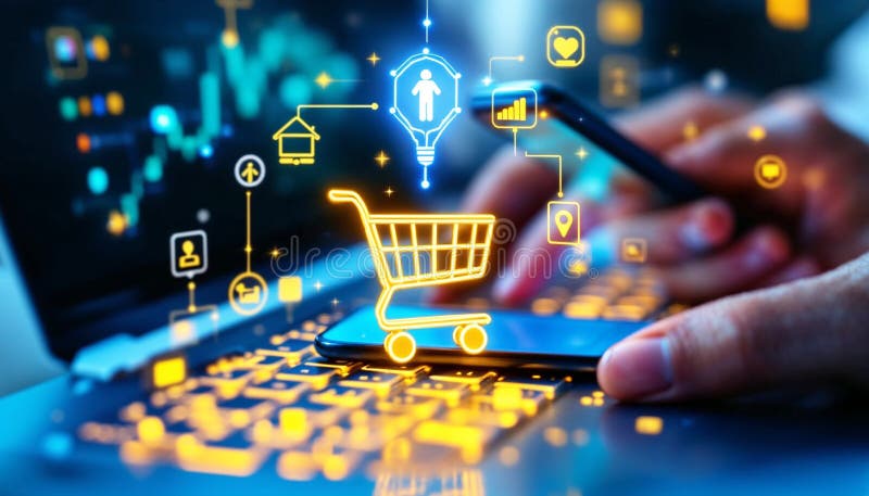 Digital Shopping Cart Icon with Glowing Network Connections and E ...