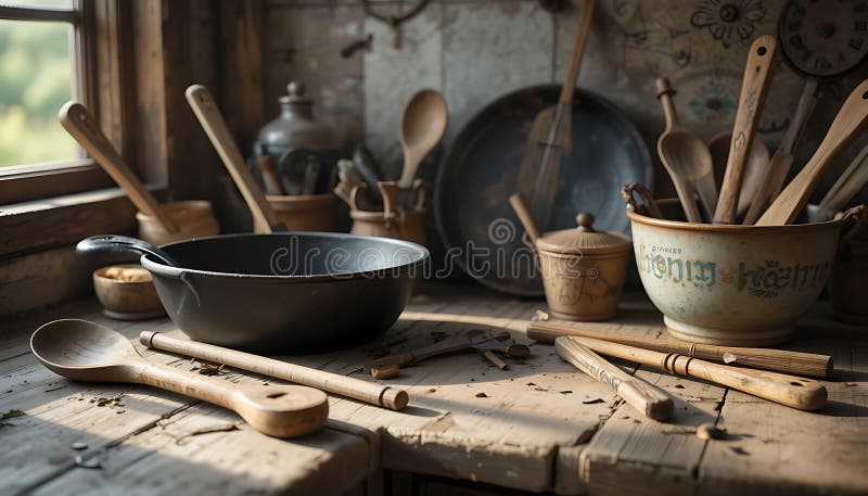 Hyperrealistic Rustic Kitchen Still Life: Vintage Utensils and Natural ...