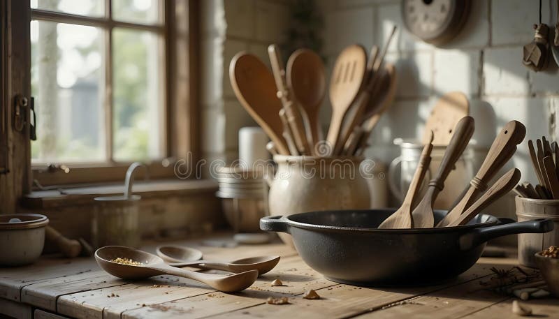 Hyperrealistic Rustic Kitchen Still Life: Vintage Utensils and Natural ...