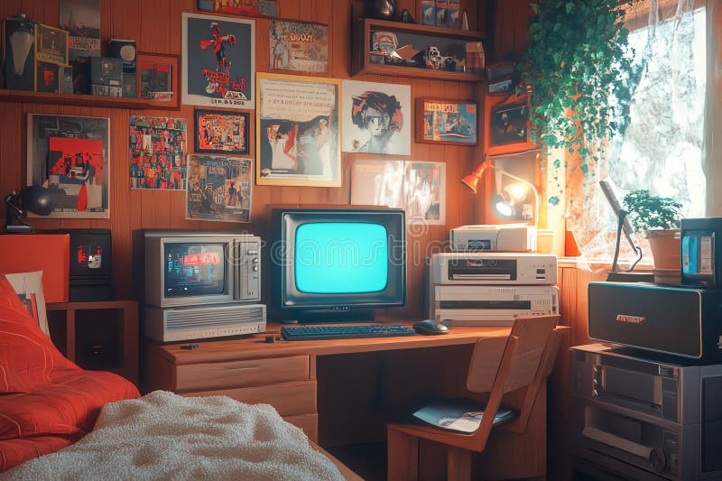 A Hyperrealistic Scene of a 90s Bedroom with Posters, Old Computers, and Retro Gadgets ...