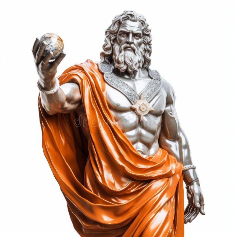 Hyperrealistic Statue of Old God Holding Earth in Silver and Orange ...