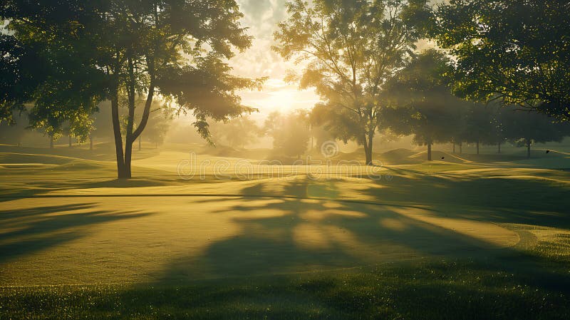 Hyperrealistic Sunrise Over an Empty Golf Course with Detailed Shadows ...
