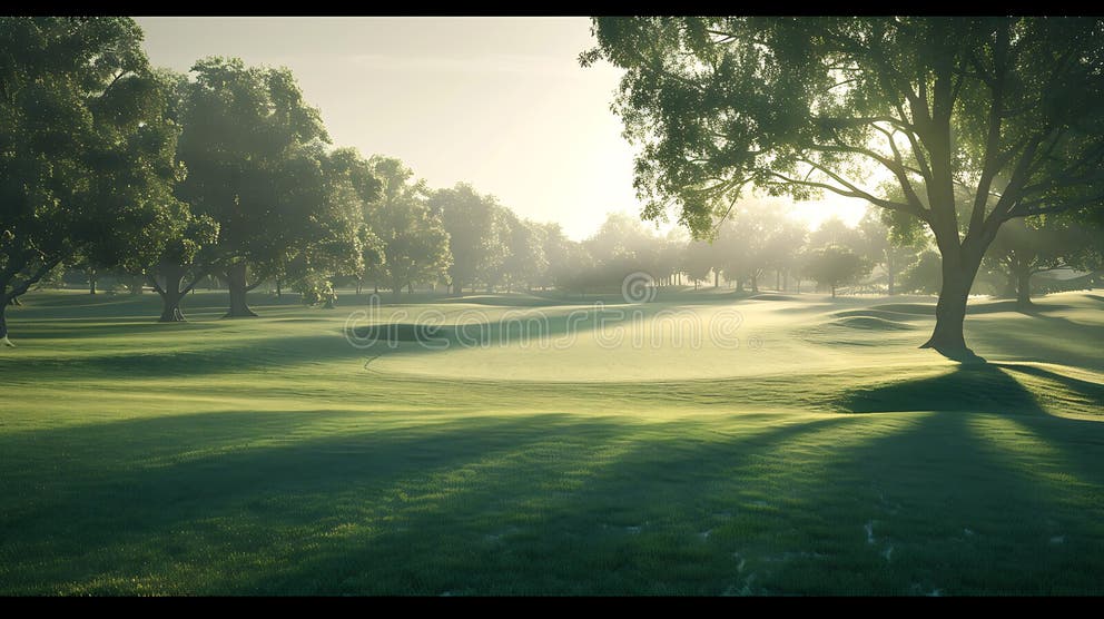 Hyperrealistic Sunrise Over an Empty Golf Course with Detailed Shadows ...
