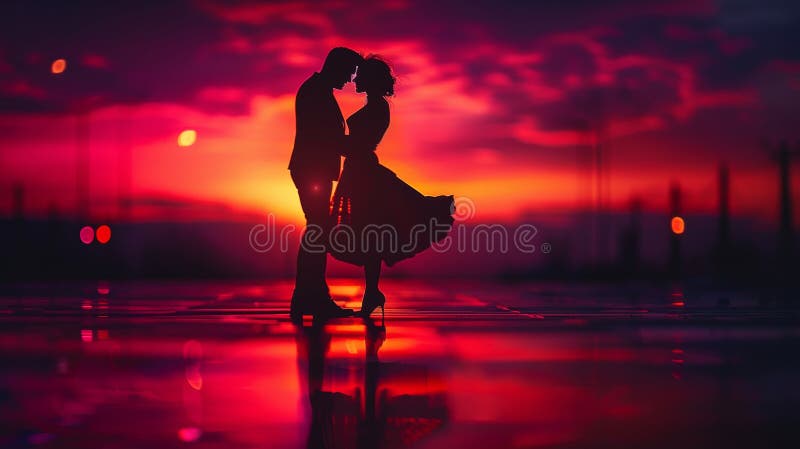 Hyperrealistic Sunset Silhouette of Dancing Couple with Vibrant Colors ...