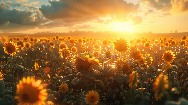 Hyperrealistic Sunset Sunflower Field with Depth of Field Effect and ...