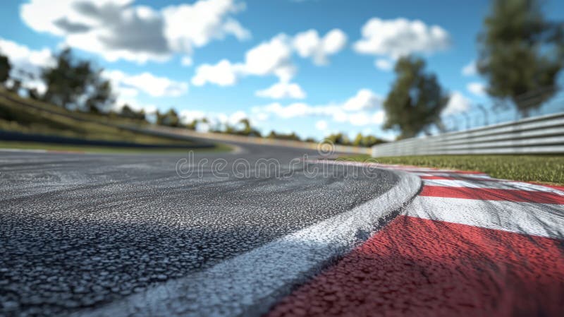 Hyperrealistic View of Race Car Track Corner with Red and White Curbs ...
