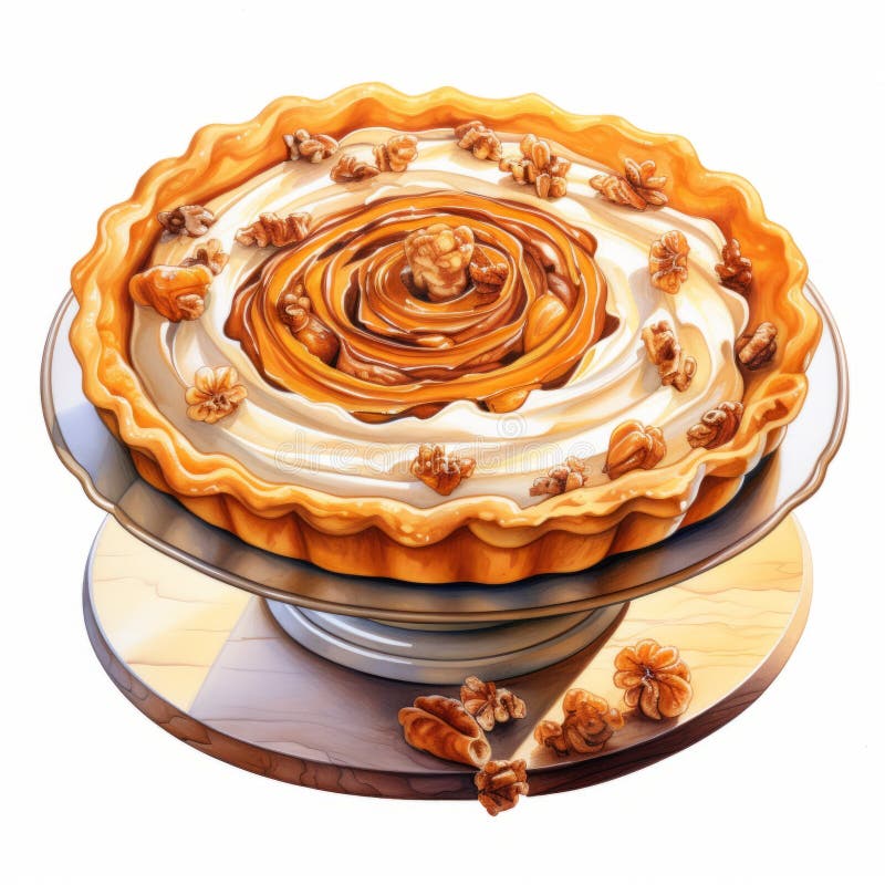 Hyperrealistic Watercolor Illustration of Caramel Pie with Spiral Group ...