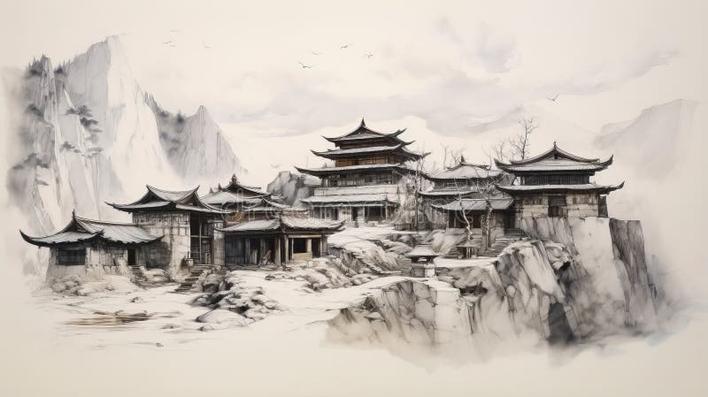 Hyperrealistic Watercolor Illustration of Traditional Chinese Temple in ...