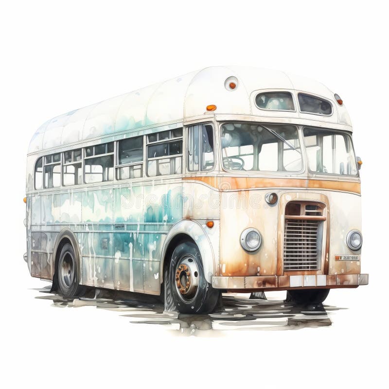 Hyperrealistic Watercolour Illustration of an Old Bus with Shiny Bumpy ...