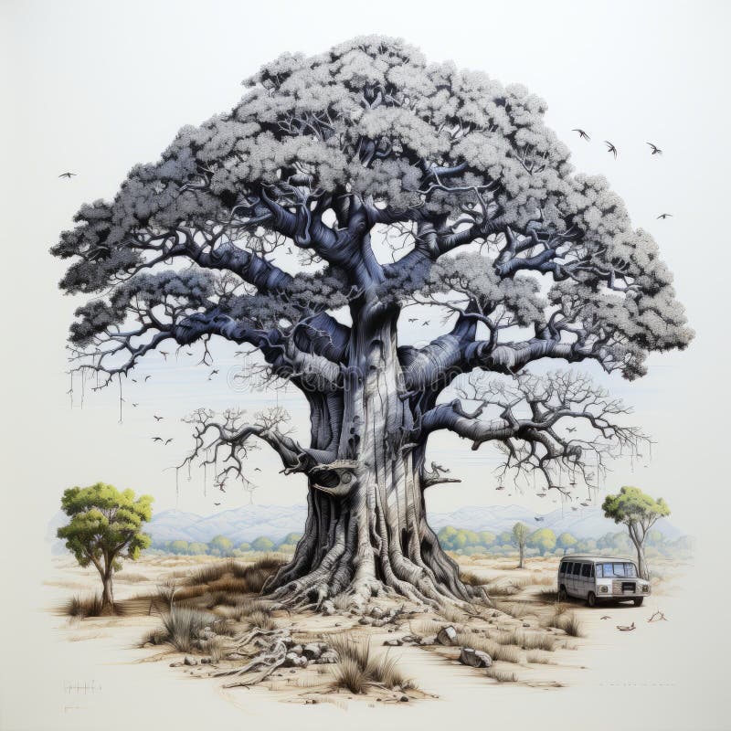 Hyperrealistic Wildlife Portrait: Modern Baobab Tree Drawing Stock ...